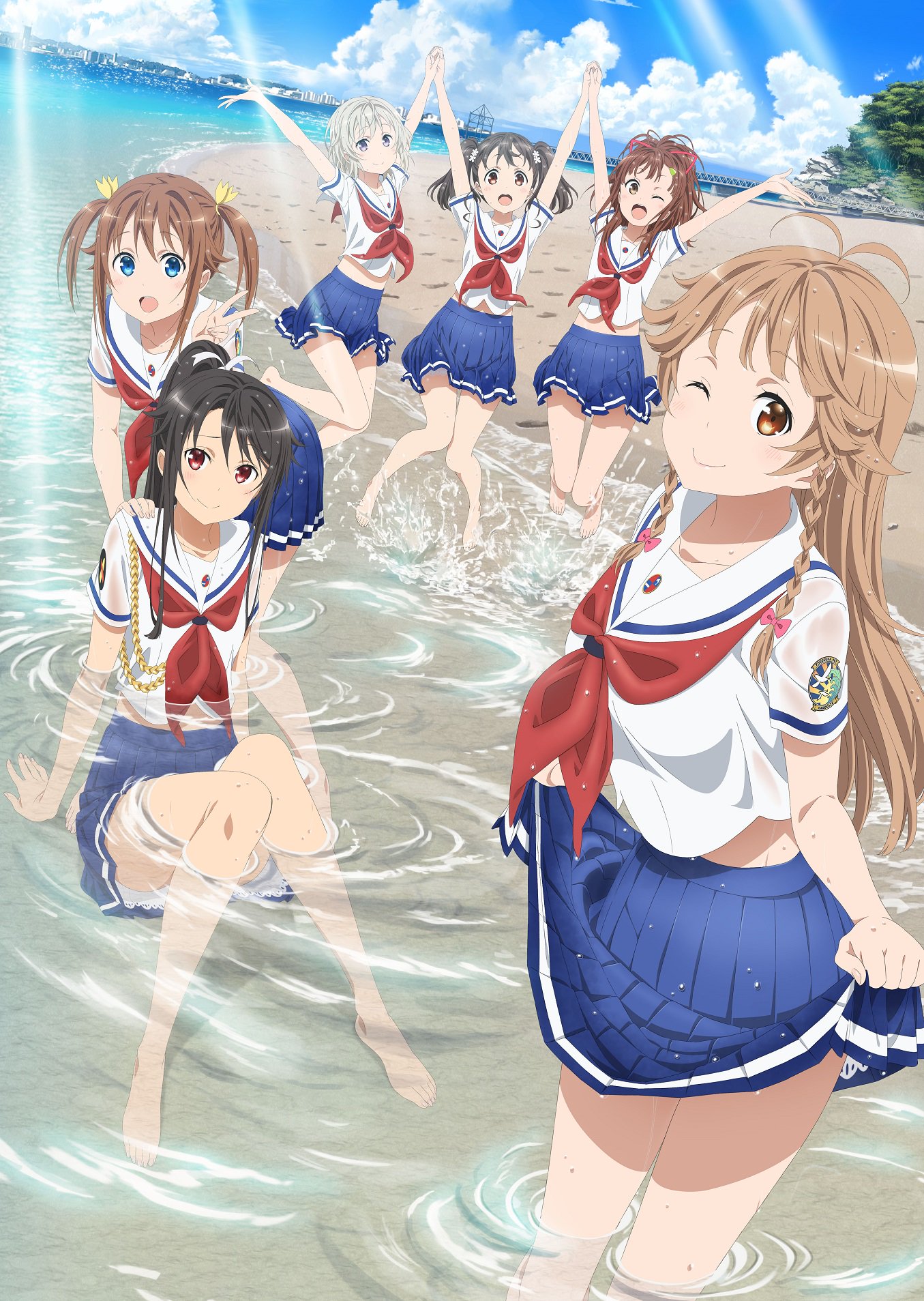 Safebooru - 6+girls :d ;) ;d arms up barefoot beach black hair blue skirt bow braid brown eyes ...
